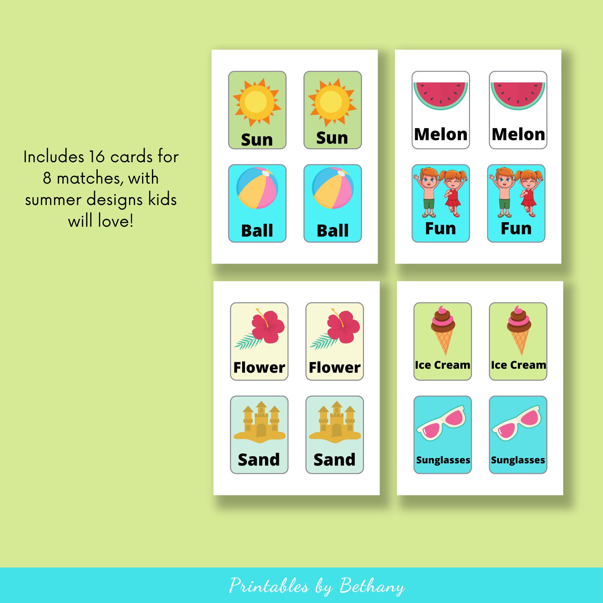 Summer Time Memory Matching Card Game for Kids | Printable Fun for ...