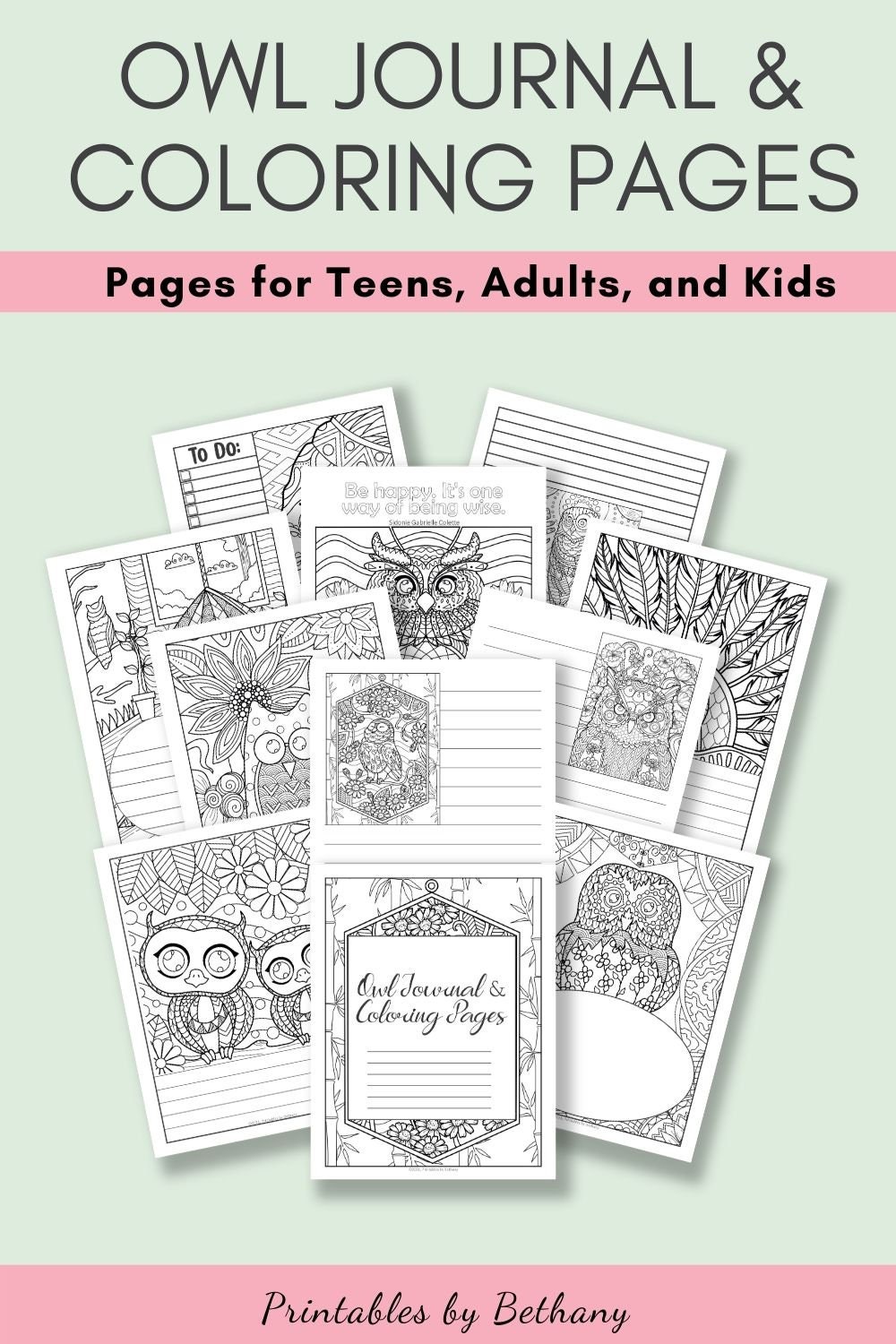 Owl Coloring Pages and Journal for Teens, Kids, and Adults Crafts and ...