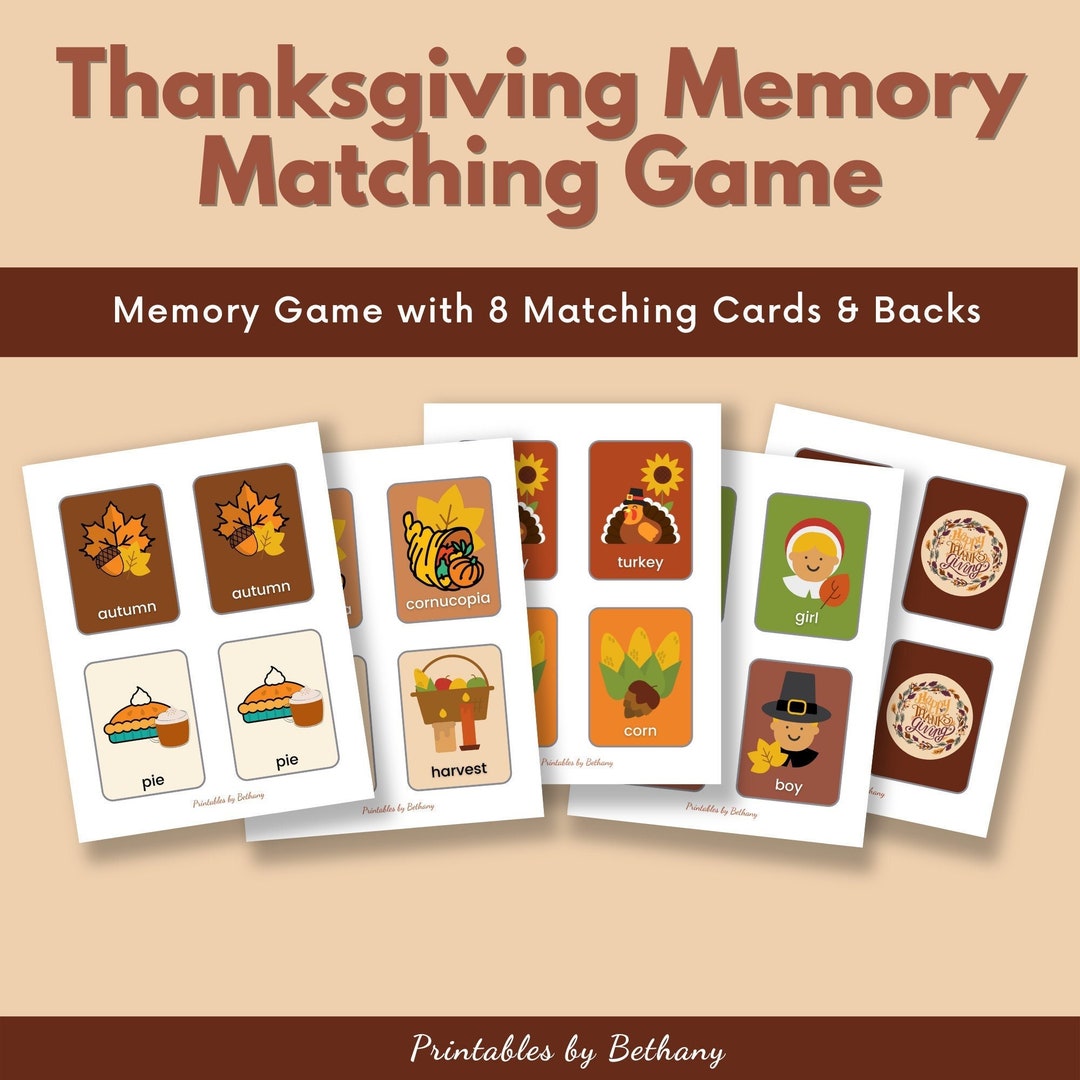 Thanksgiving Themed Printable Memory Matching Game for Kids Instant ...