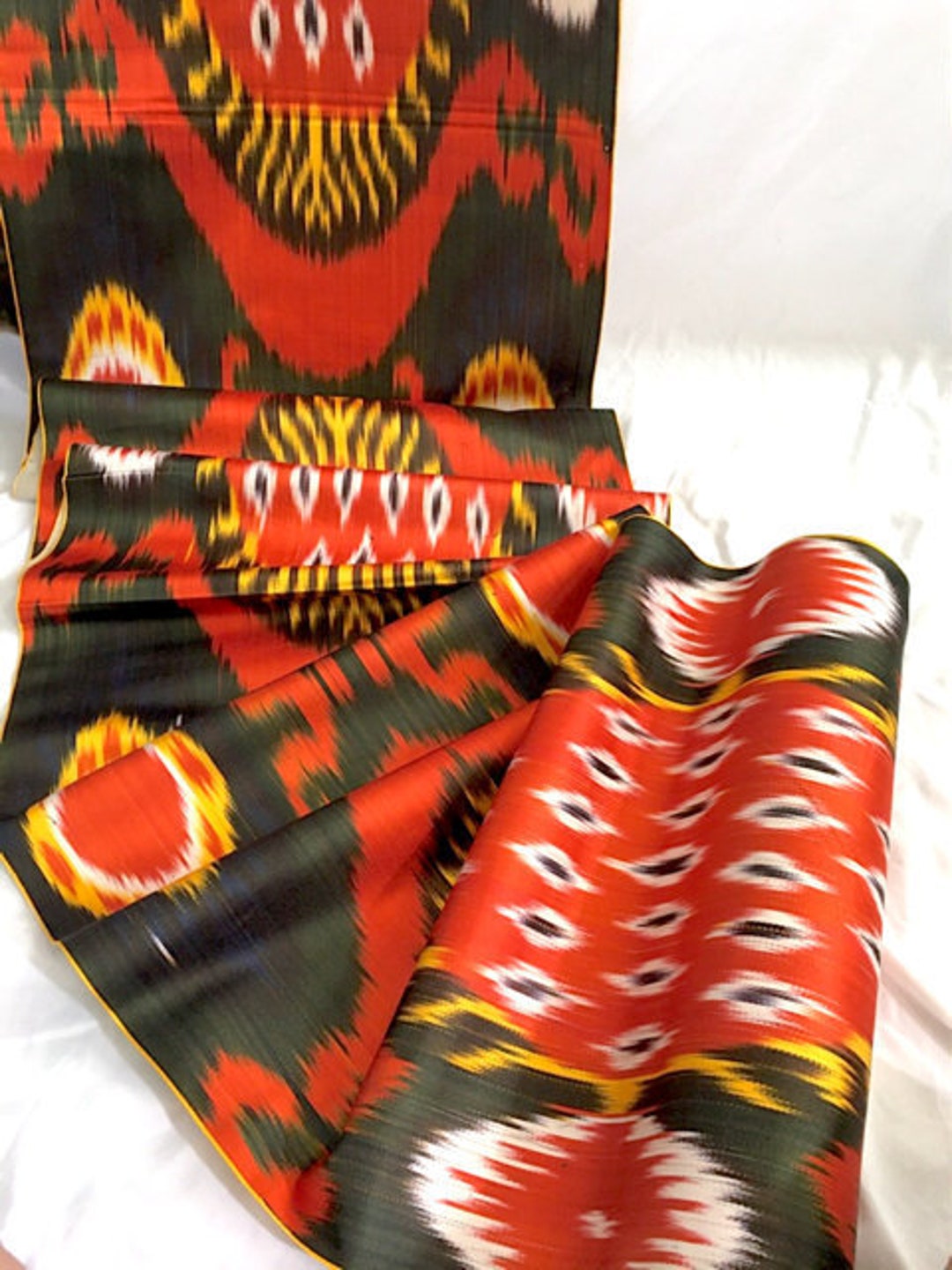 Silk Ikat Fabric, 100% Handwoven Uzbek Fabric, Red, Green, Yellow ...