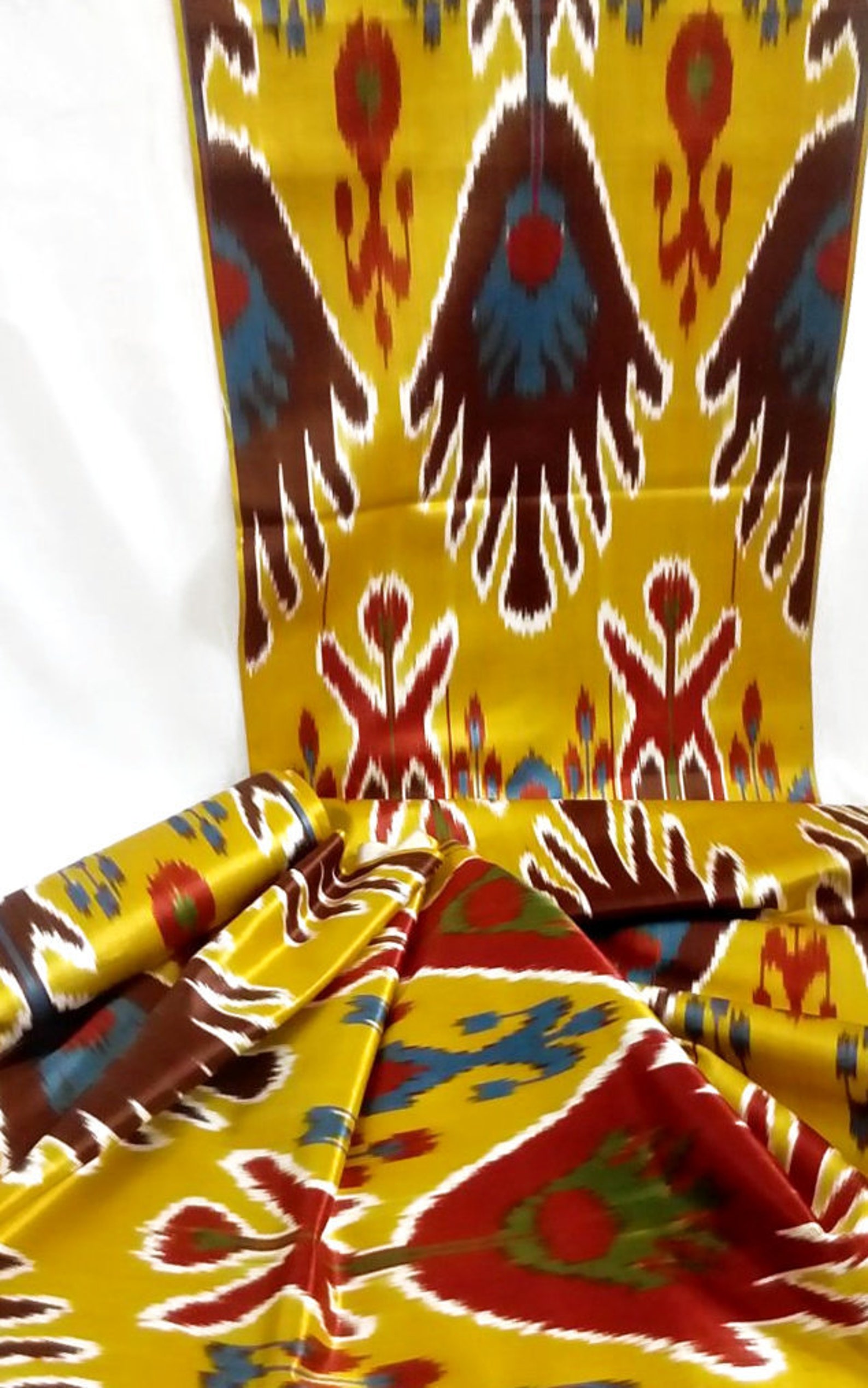 Abstract Silk Adras Fabric, 100% Handwoven Uzbek Fabric, Yellow, Brown ...
