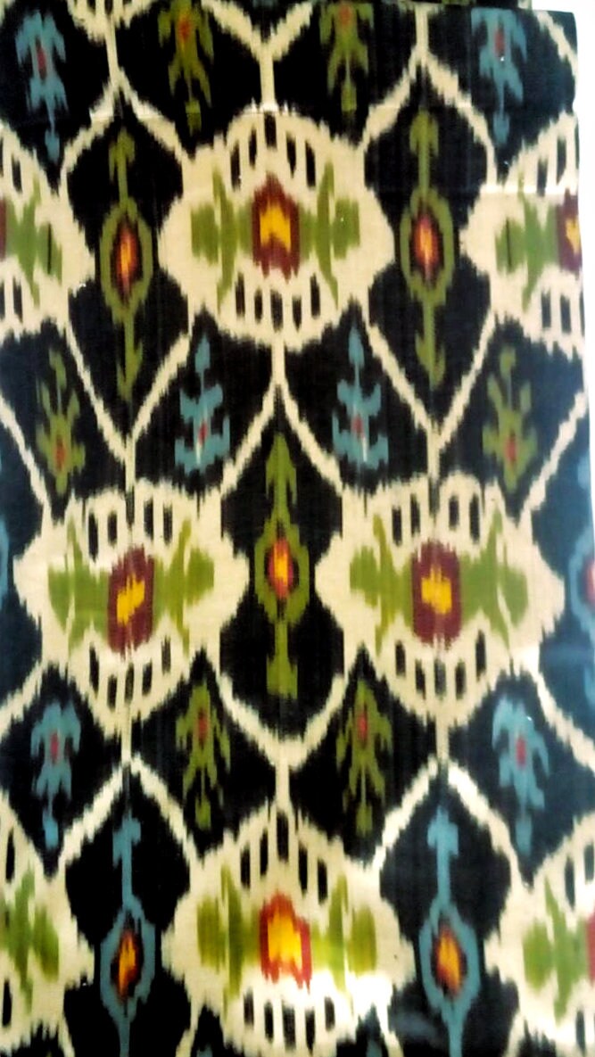 Patterned Silk Adras Fabric, 100% Handwoven Uzbek Fabric, Tan, Blue ...