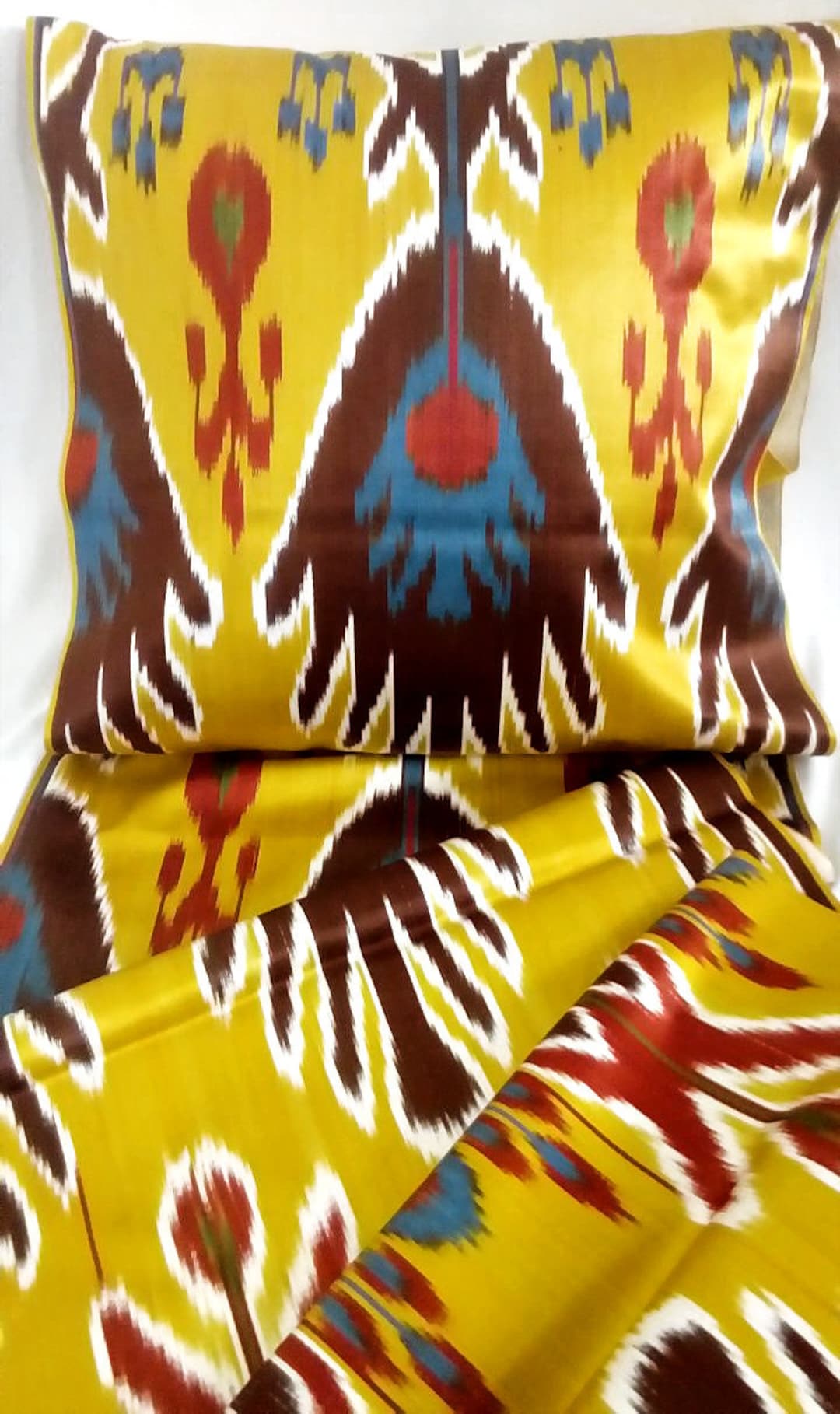 Abstract Silk Adras Fabric, 100% Handwoven Uzbek Fabric, Yellow, Brown ...