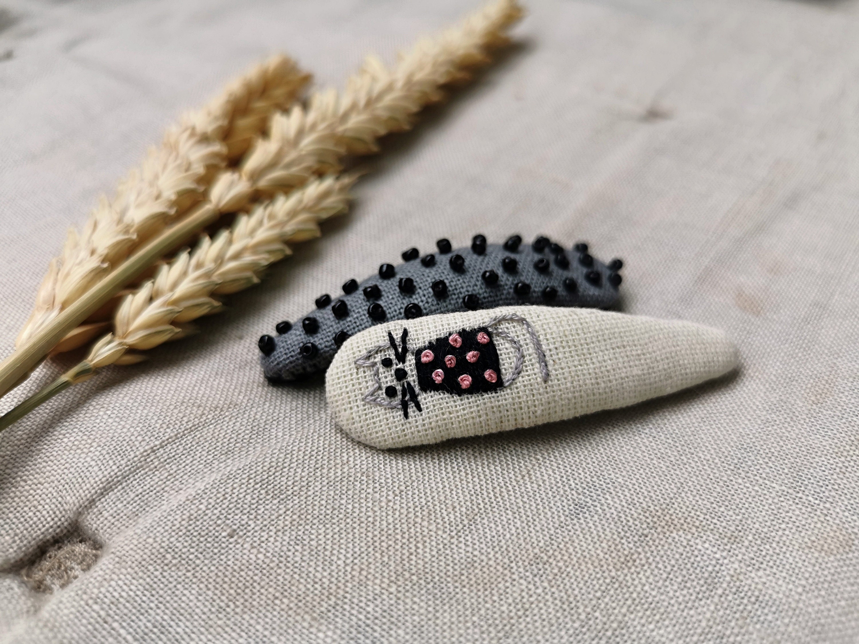 Cat \ Black \ Embroidered Hair Clip Handmade Hair Accessory Linen Hair ...