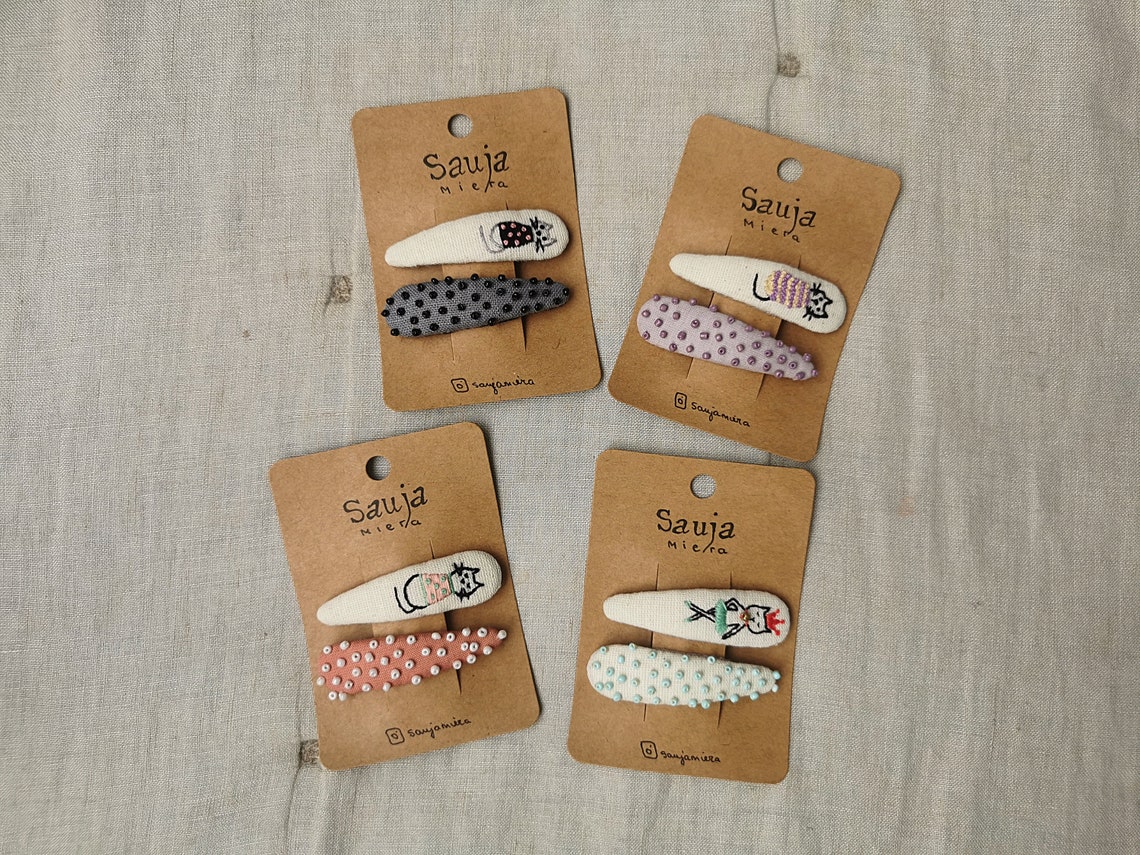 Cat Black Embroidered Hair Clip Handmade Hair Accessory Linen Hair ...