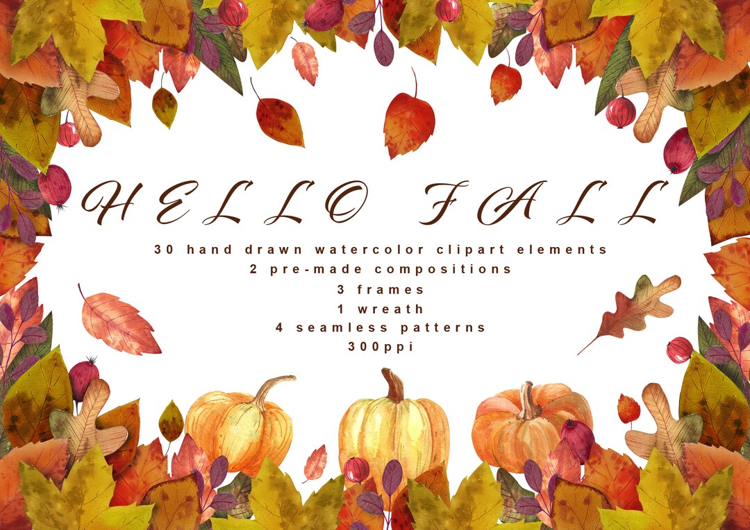 Hello Fall Watercolor Clipart Autumn Seasonal Decoration Autumn Party ...