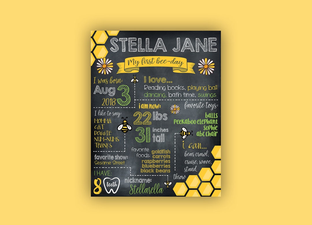 Bumble Bee First Birthday Party Milestone Chalkboard Poster DIGITAL ...