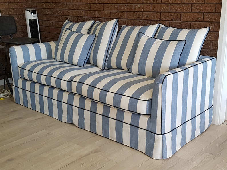 Custom Hamptons Striped Sofa/3 Seater Lounge Blue Denim White Stripe ...
