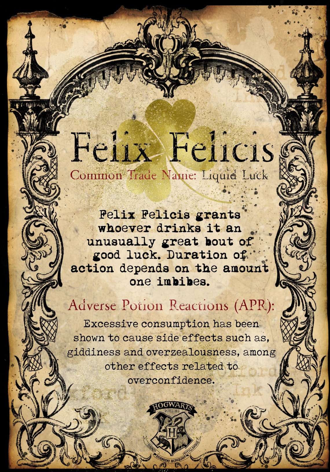 Harry Potter Liquid Luck Felix Felicis Printable Sign Label | Etsy