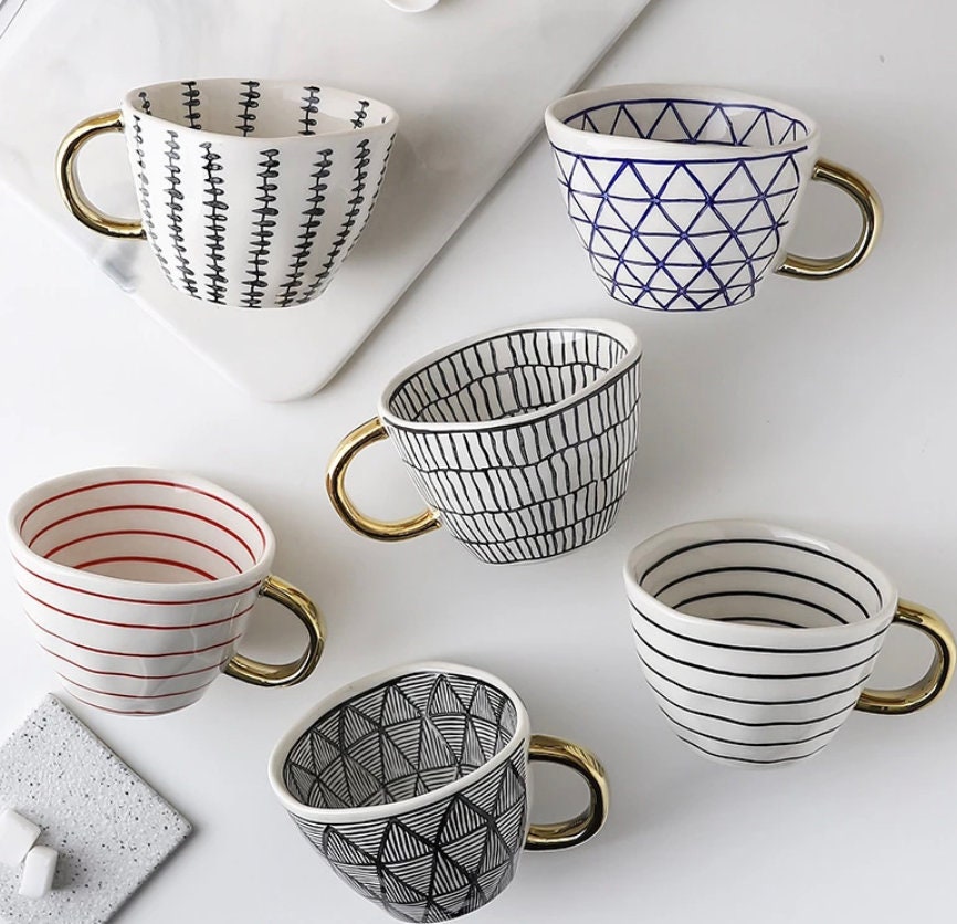 Mugs With Gold Handle Hand Painted Geometric Ceramic Handmade - Etsy