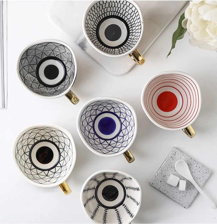 Mugs With Gold Handle Hand Painted Geometric Ceramic Handmade - Etsy