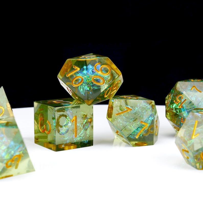 Handmade Sharp Edge Green Resin Dice Set: Sparkling Mylar DND Dice - Etsy