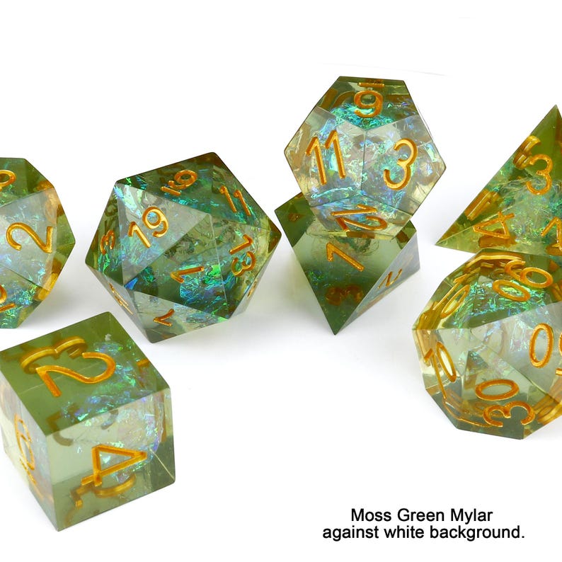 Handmade Sharp Edge Green Resin Dice Set: Sparkling Mylar DND Dice - Etsy