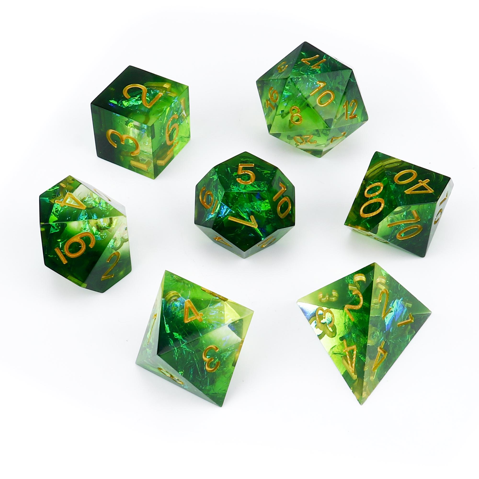 Handmade Sharp Edge Green Resin Dice Set: Sparkling Mylar DND Dice - Etsy