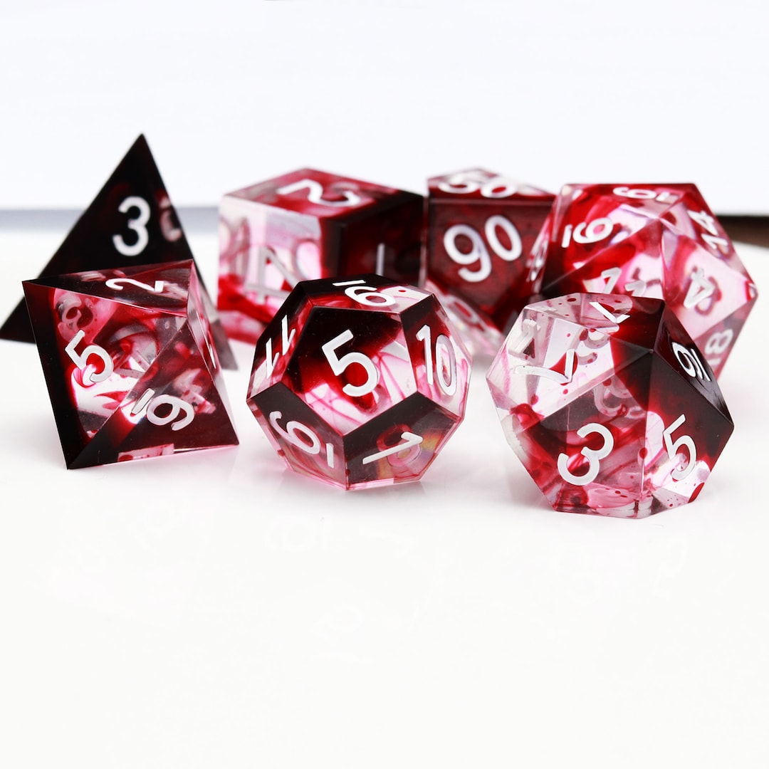 Handmade Blood Swirl Resin Dice Set: Sharp Edge Polyhedral, White Ink ...