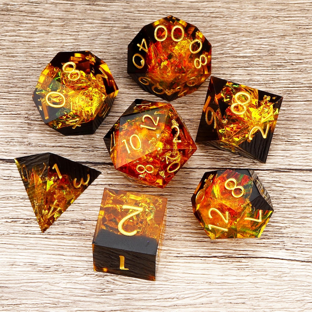 Handmade Sharp Edge Dice Fire DND Dice Set Orange Black Resin Mylar ...