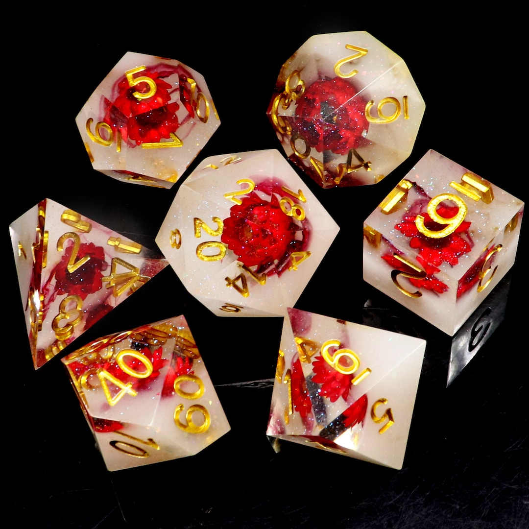 Handmade Sharp Edge Dice Red Flower Resin Polyhedral RPG Dice Set With ...