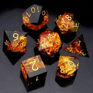Handmade Sharp Edge Fire Dice Set: Orange Black Resin Polyhedral DND ...