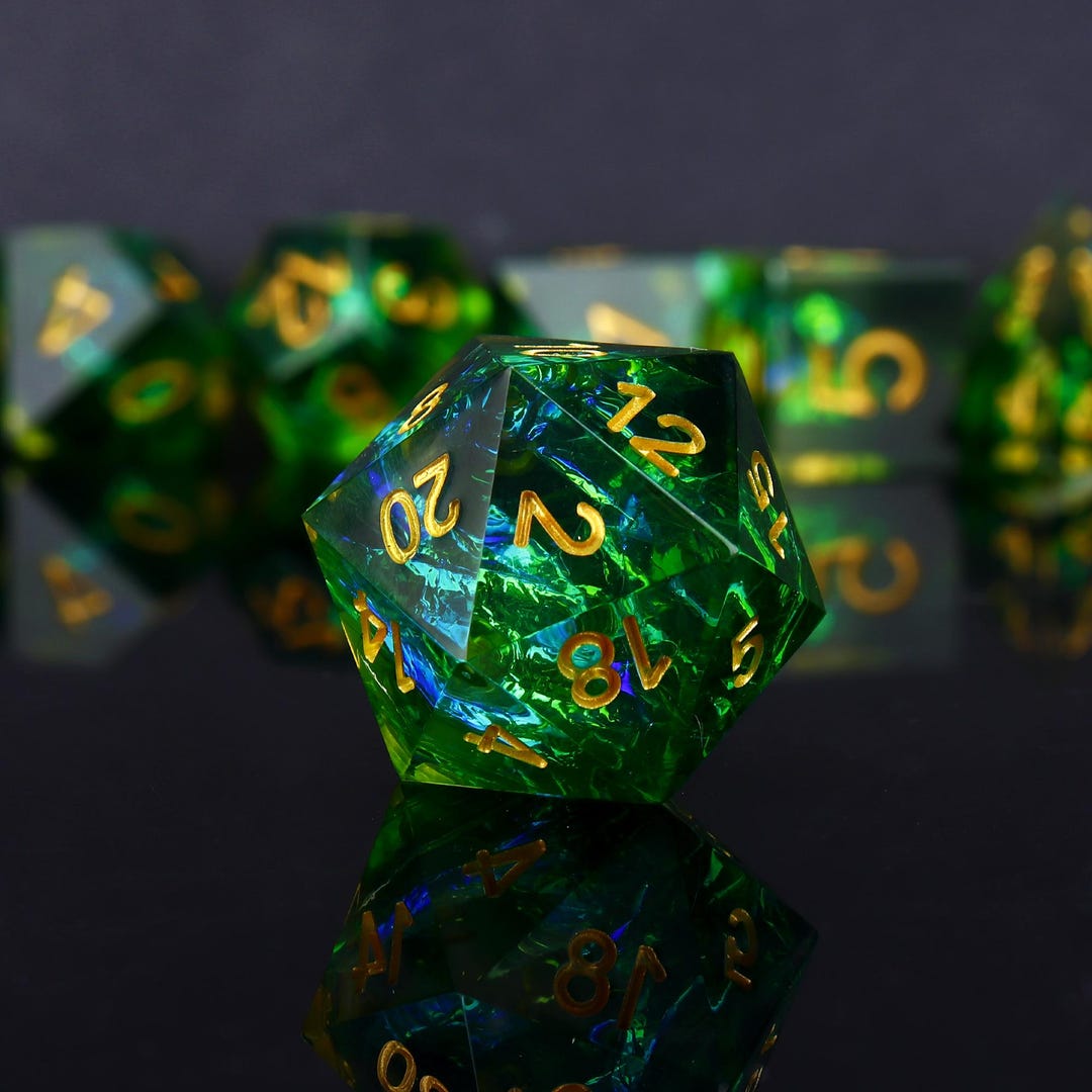 Handmade Sharp Edge Green Resin Dice Set: Sparkling Mylar DND Dice ...