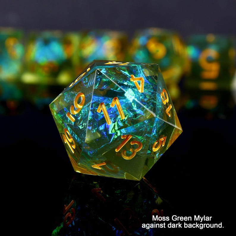 Handmade Sharp Edge Green Resin Dice Set: Sparkling Mylar DND Dice - Etsy