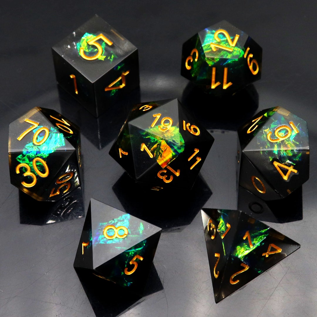 Handmade Sharp Edge Dice Set Black Green Iridescent Mylar Inclusion RPG ...