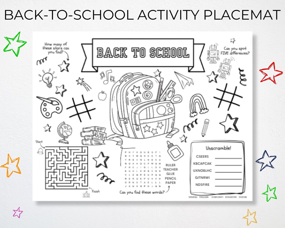 Back-to-school Coloring Placemat, Instant Digital Download, Printable ...