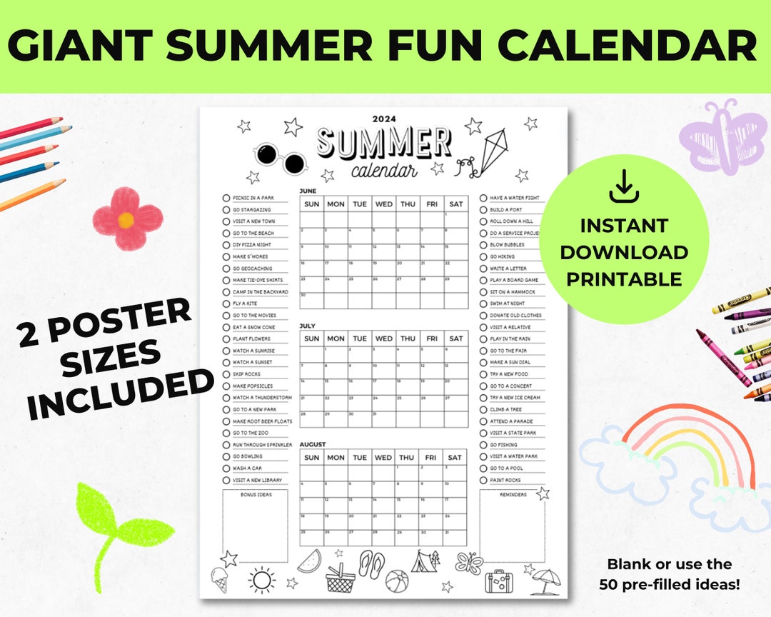 Printable Summer Bucket List Poster, Summer Activities Calendar, Family ...