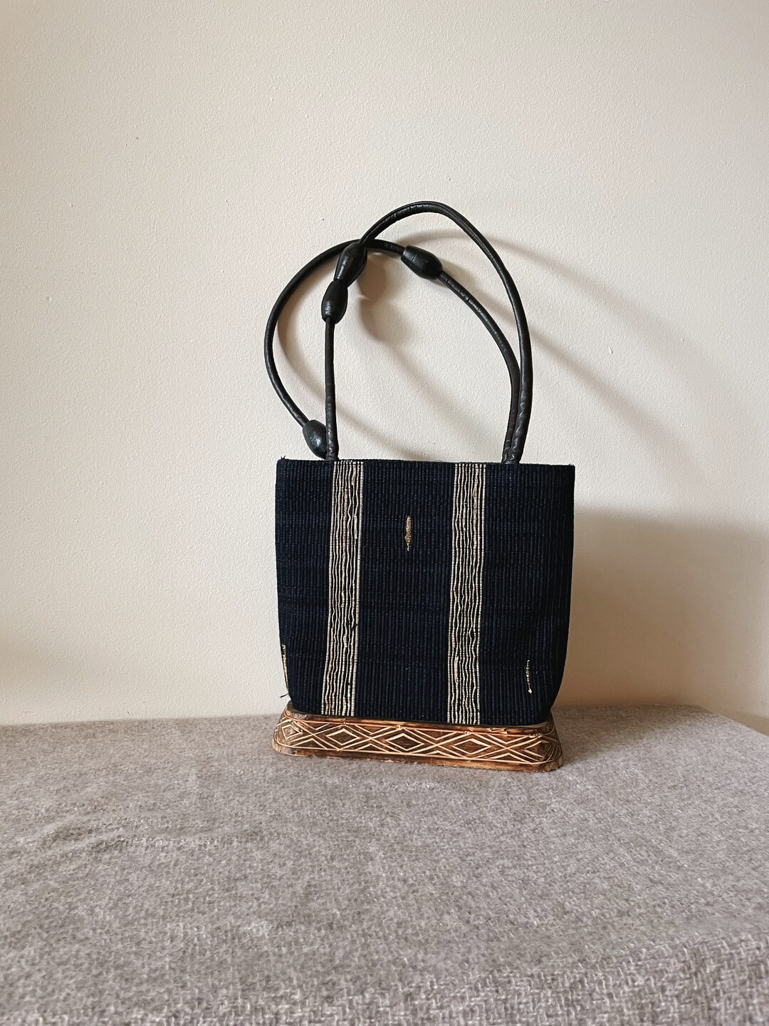Dark Blue Woven Bag With Wood Base - Etsy