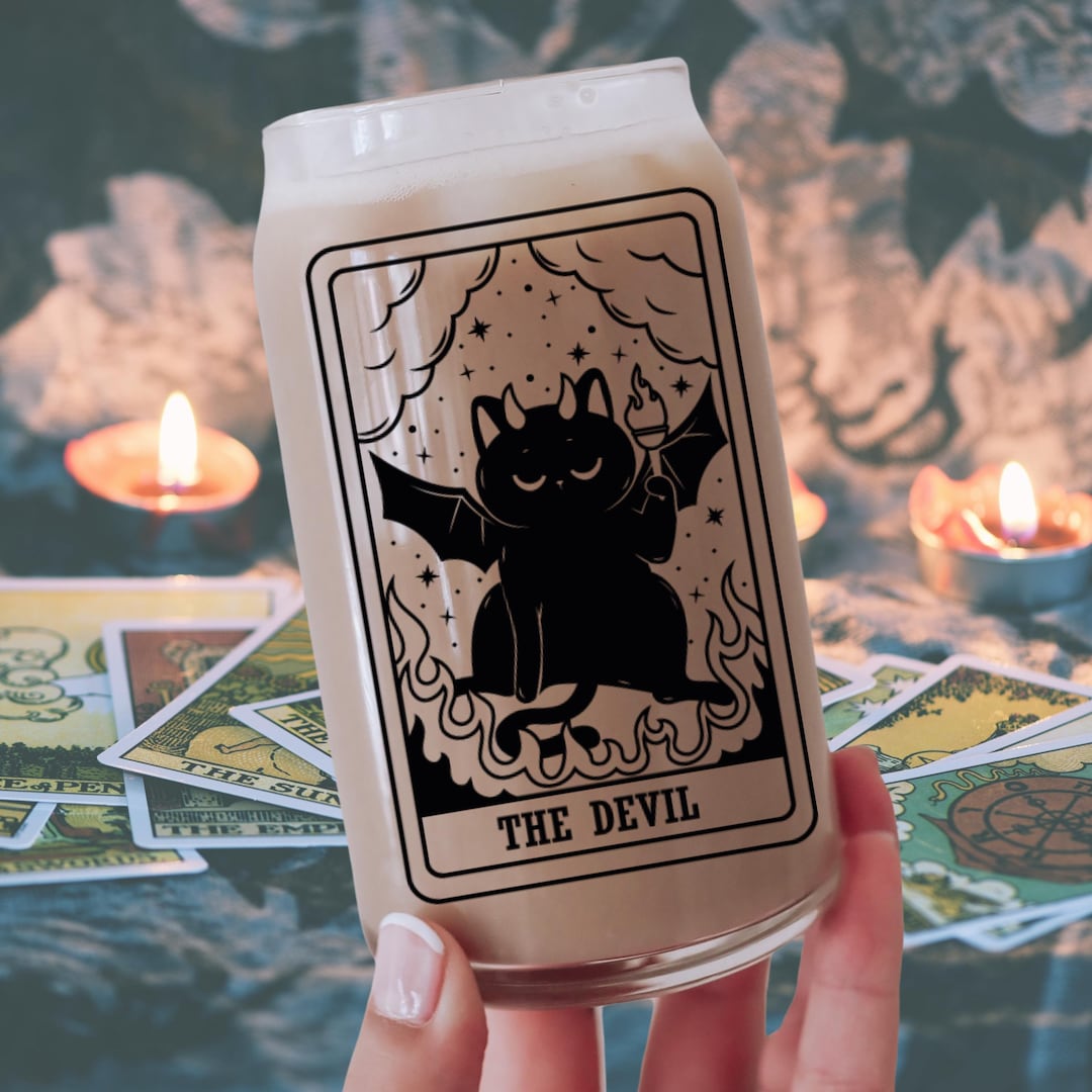 The Devil Black Cat Tarot Glass | Witchy Cat Iced Coffee Glass | Beer ...