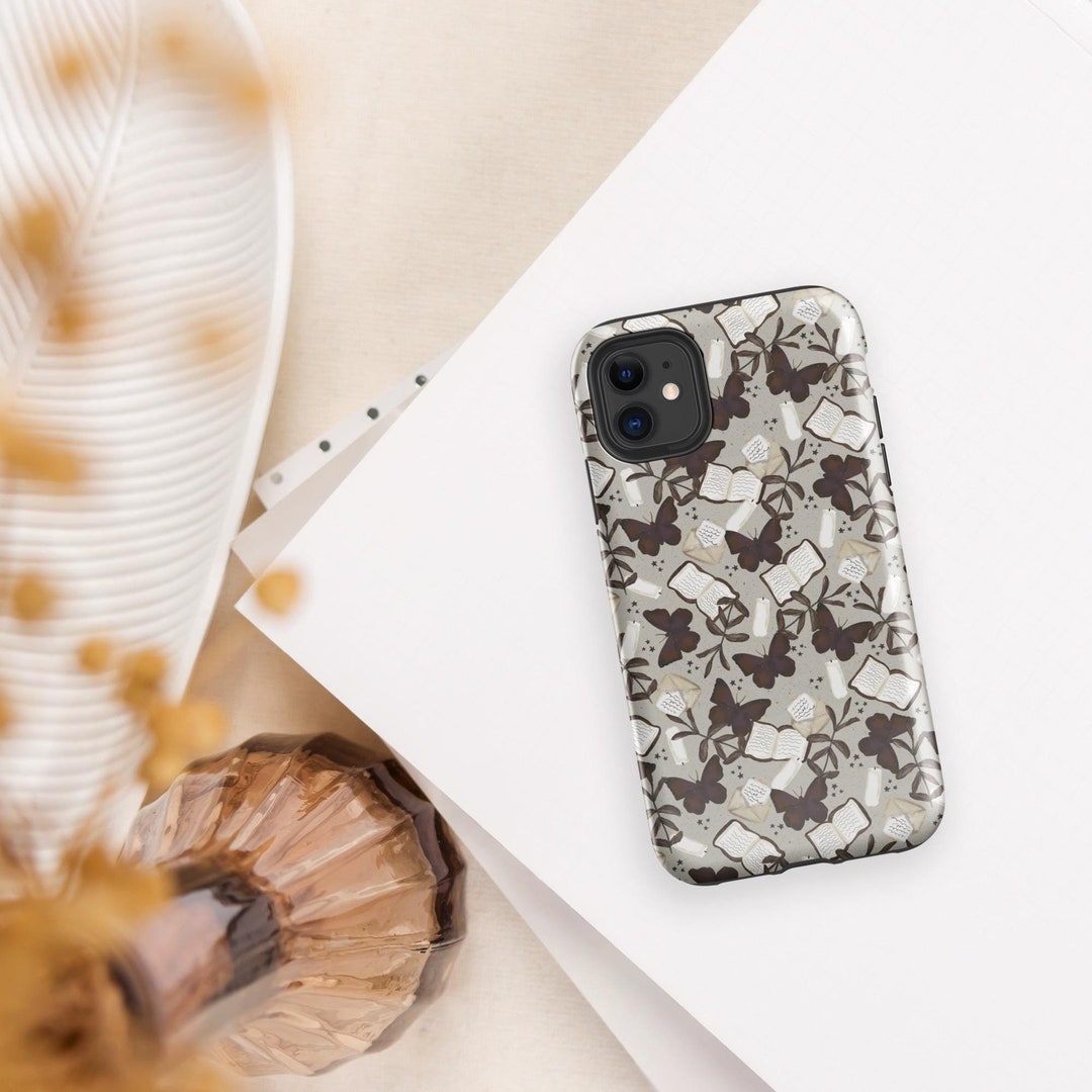 Dark Cottagecore Tough Phone Case, Bookish Butterfly Moth Design, Dark ...