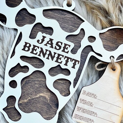 Cow Tag Baby Milestones Birth Announcement Sign Engraved - Etsy