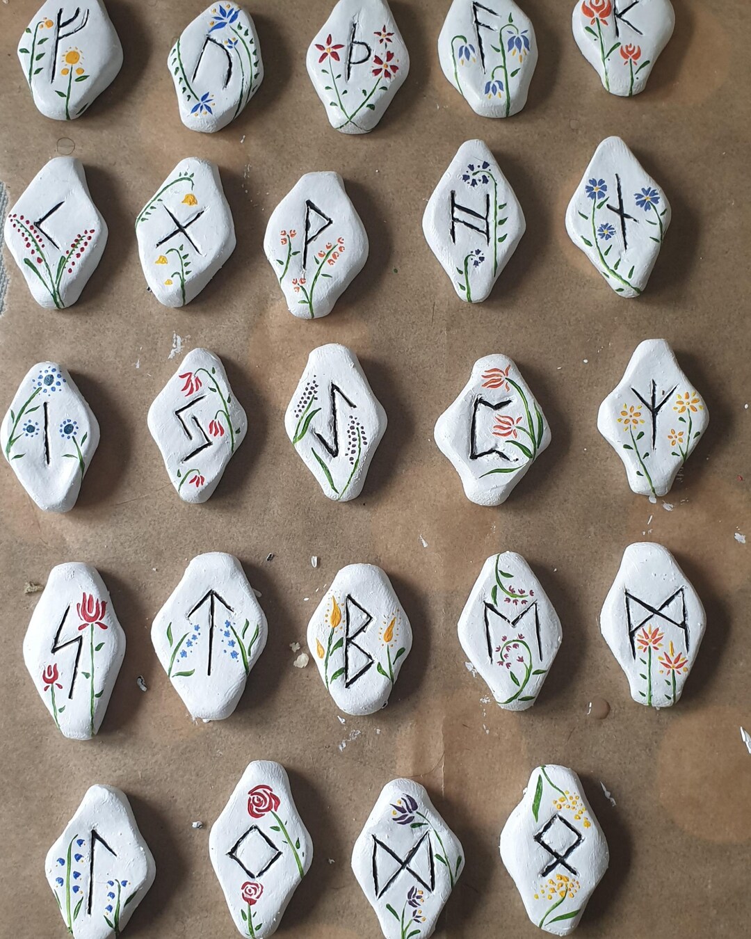 Elder Futhark Clay Rune Set With Floral Folk Art Pattern - Etsy