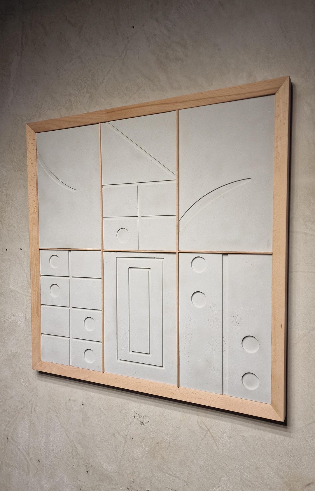 Geometric Concrete Wall Art Tiles With Wooden Frame, Textured Wall ...