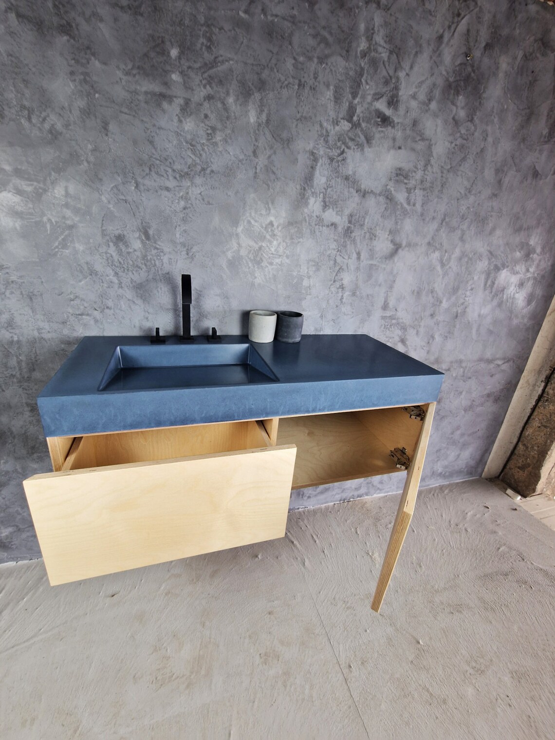 Floating Concrete Bathroom Vanity With Ramp Sink - 45" Modern Cement ...