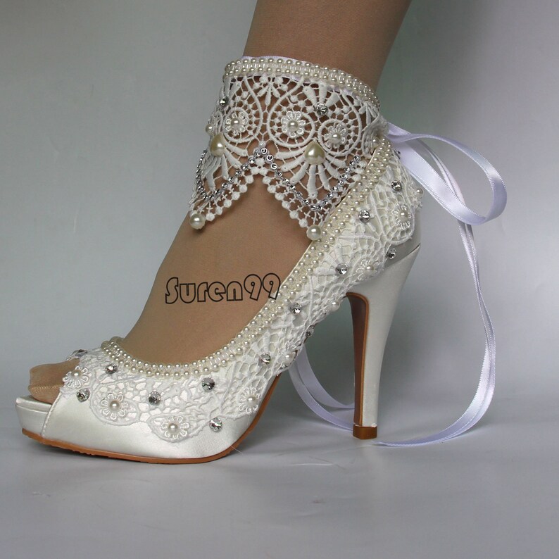 White Wedding Shoes Lace Satin Bridal Shoes Ankle Strap - Etsy