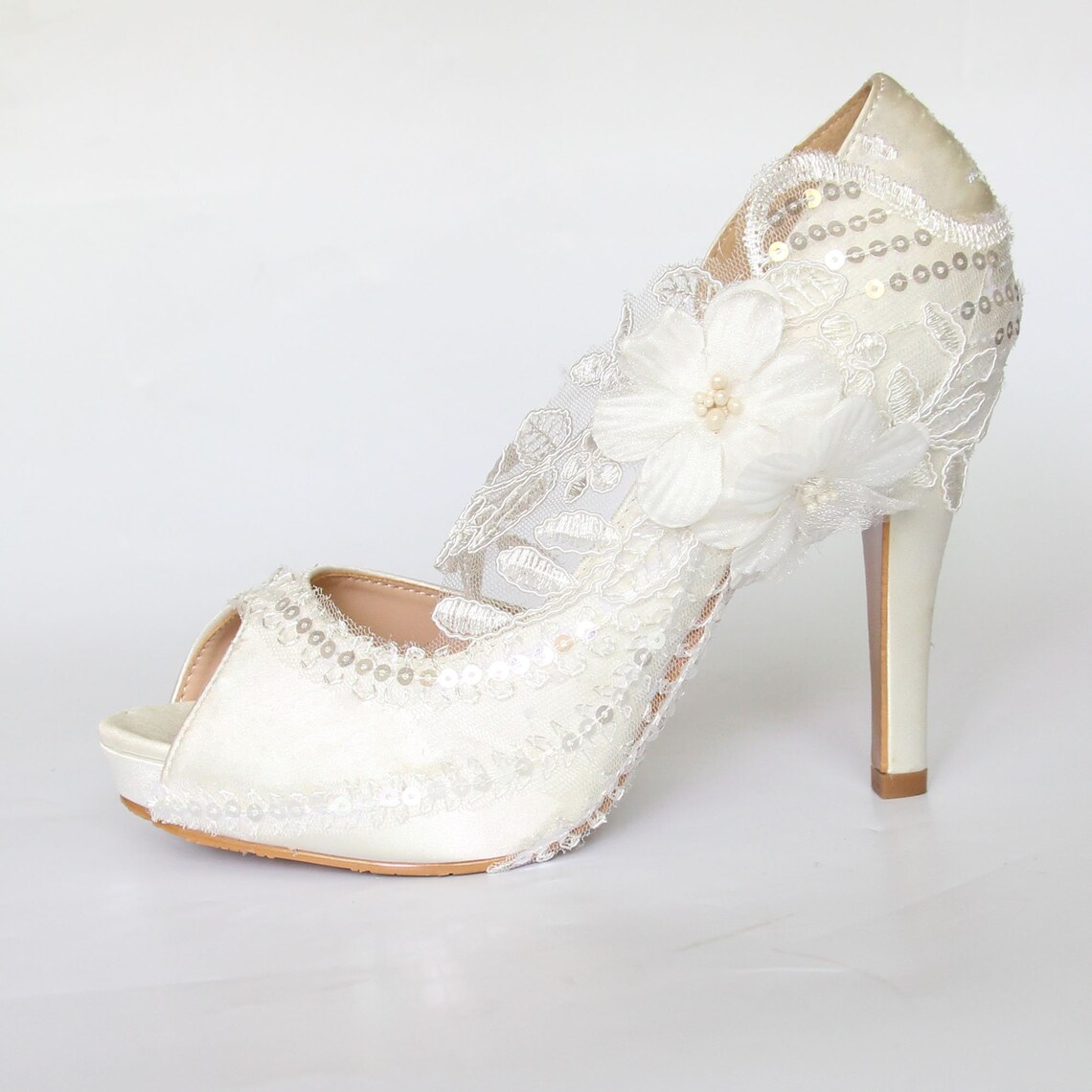 Satin White Wedding Shoes Bridal High Heel Wedding Flower - Etsy