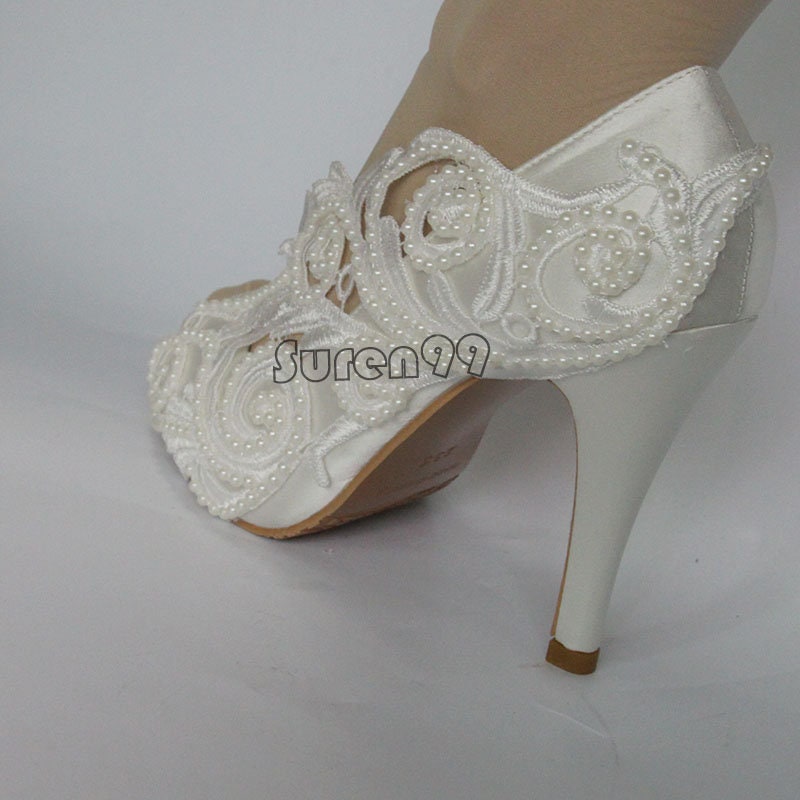 White Satin Wedding Shoes Lace Wedding Shoes Bridal Pearls - Etsy