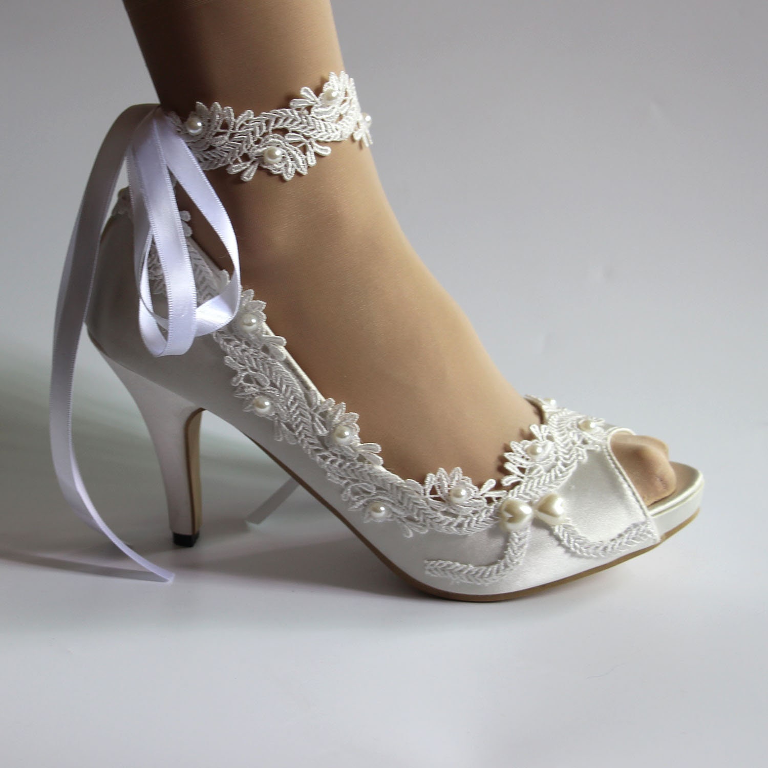 Ivory Lace Wedding Shoes Bridal Shoes Satin High Heels Etsy