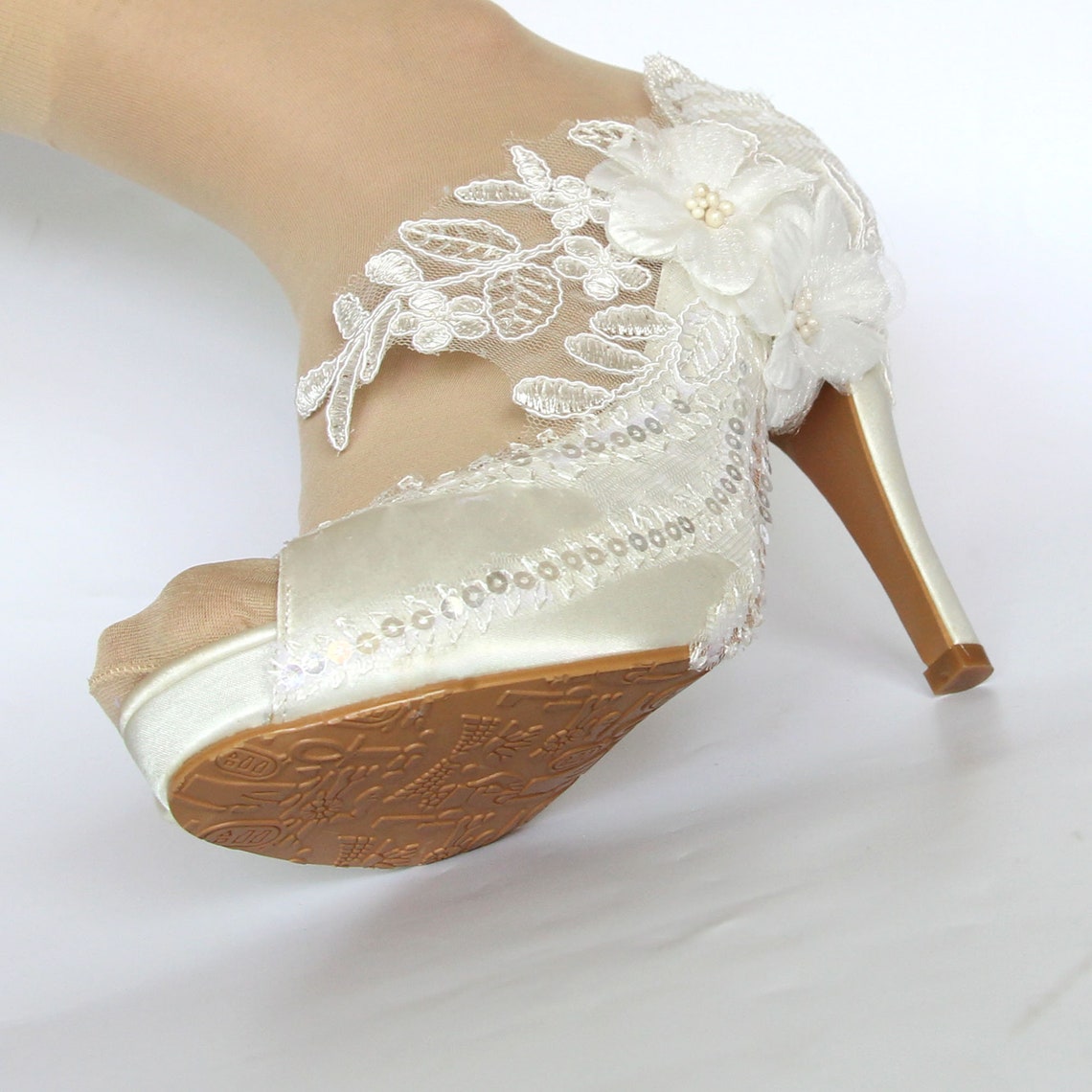 Satin White Wedding Shoes Bridal High Heel Wedding Flower - Etsy