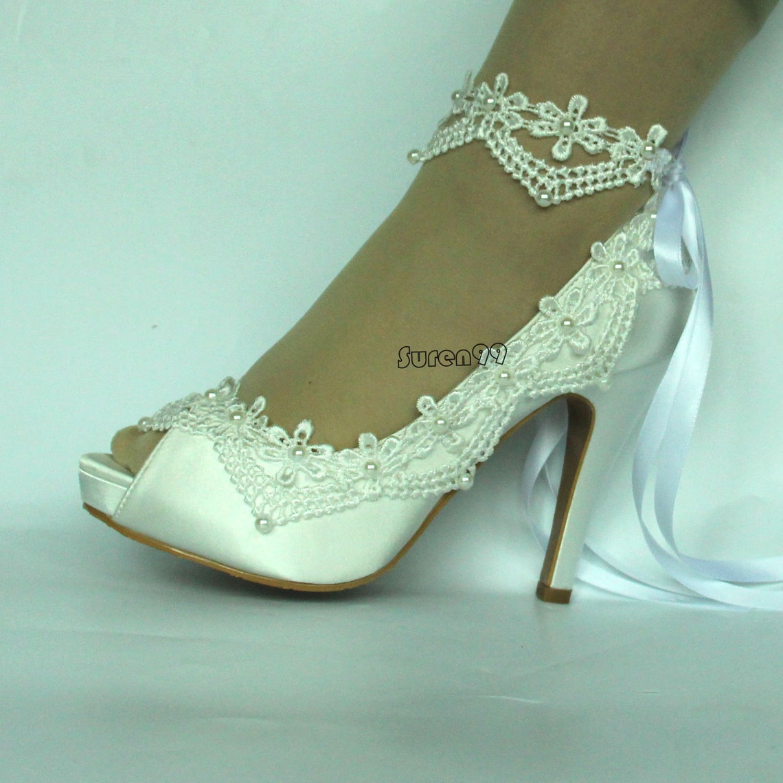 White Wedding Shoes Lace Bridal Shoes Pearls Wedding Shoes - Etsy