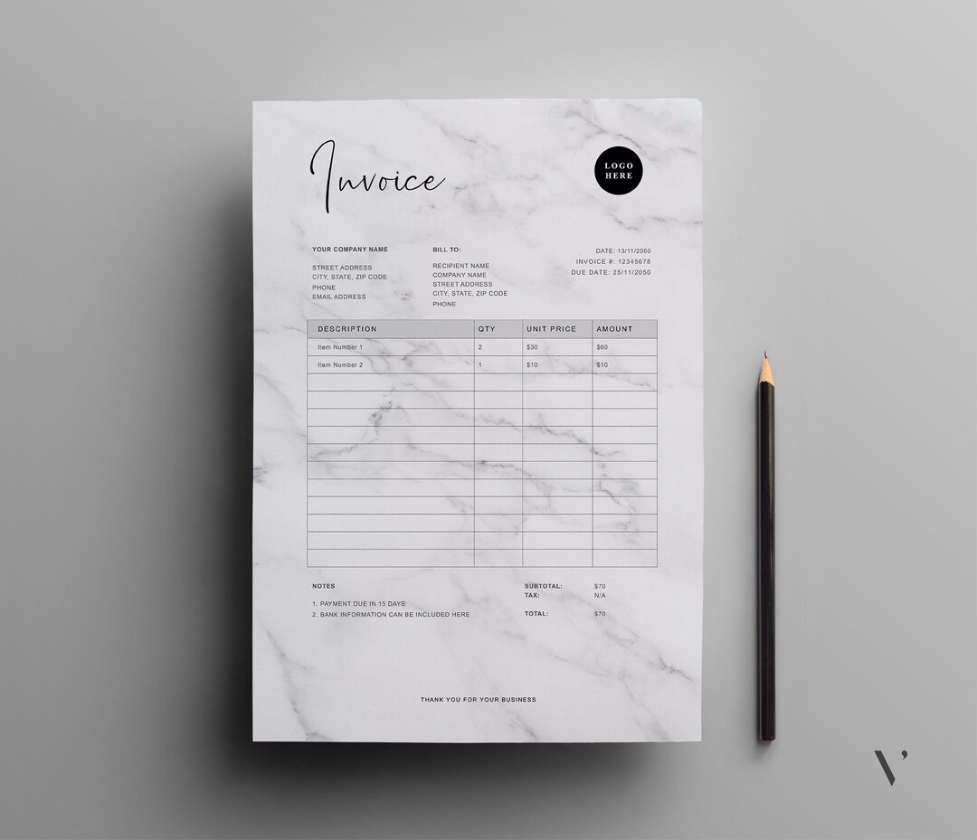 Editable Invoice Template | Elegant Marble Design (MS Word) - Etsy ...