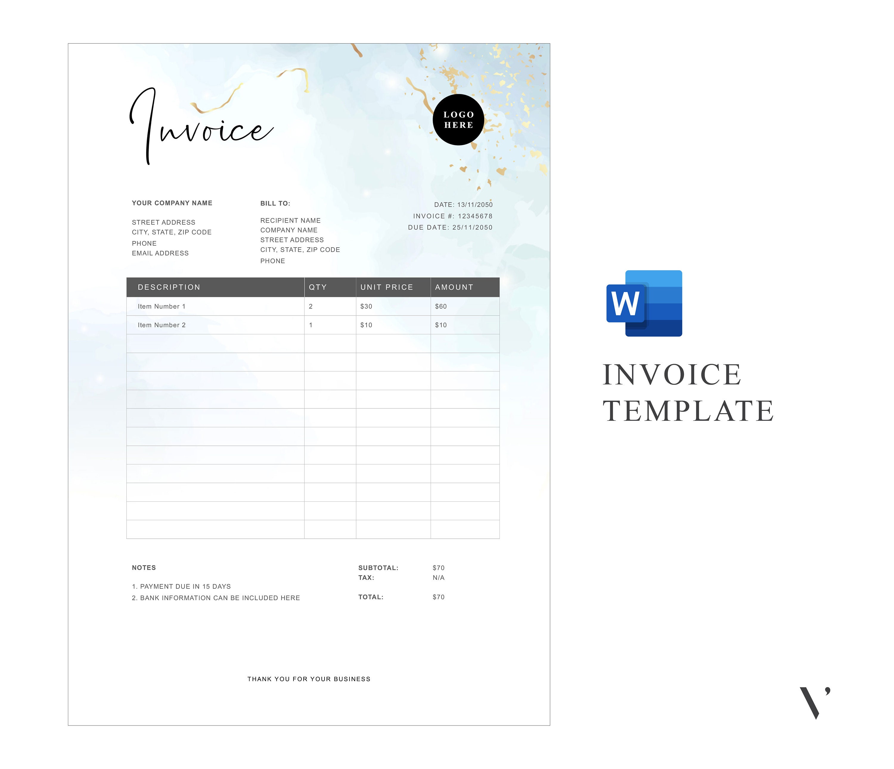 Invoice Template Word Printable Invoice Custom Order Forms Business ...
