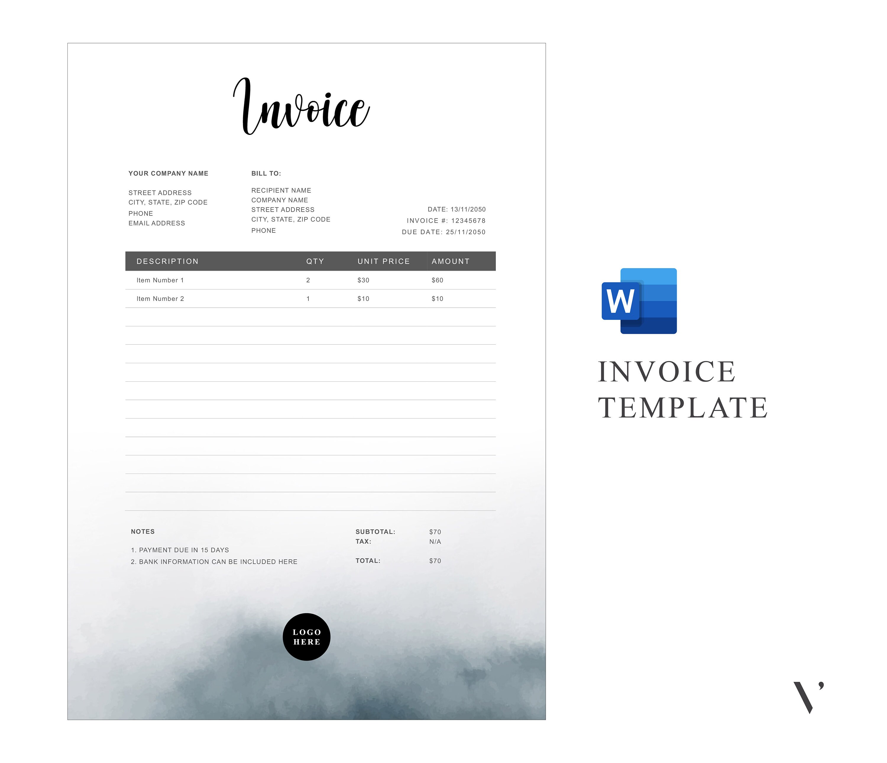 Invoice Template Word Printable Invoice Custom Order Forms Business ...