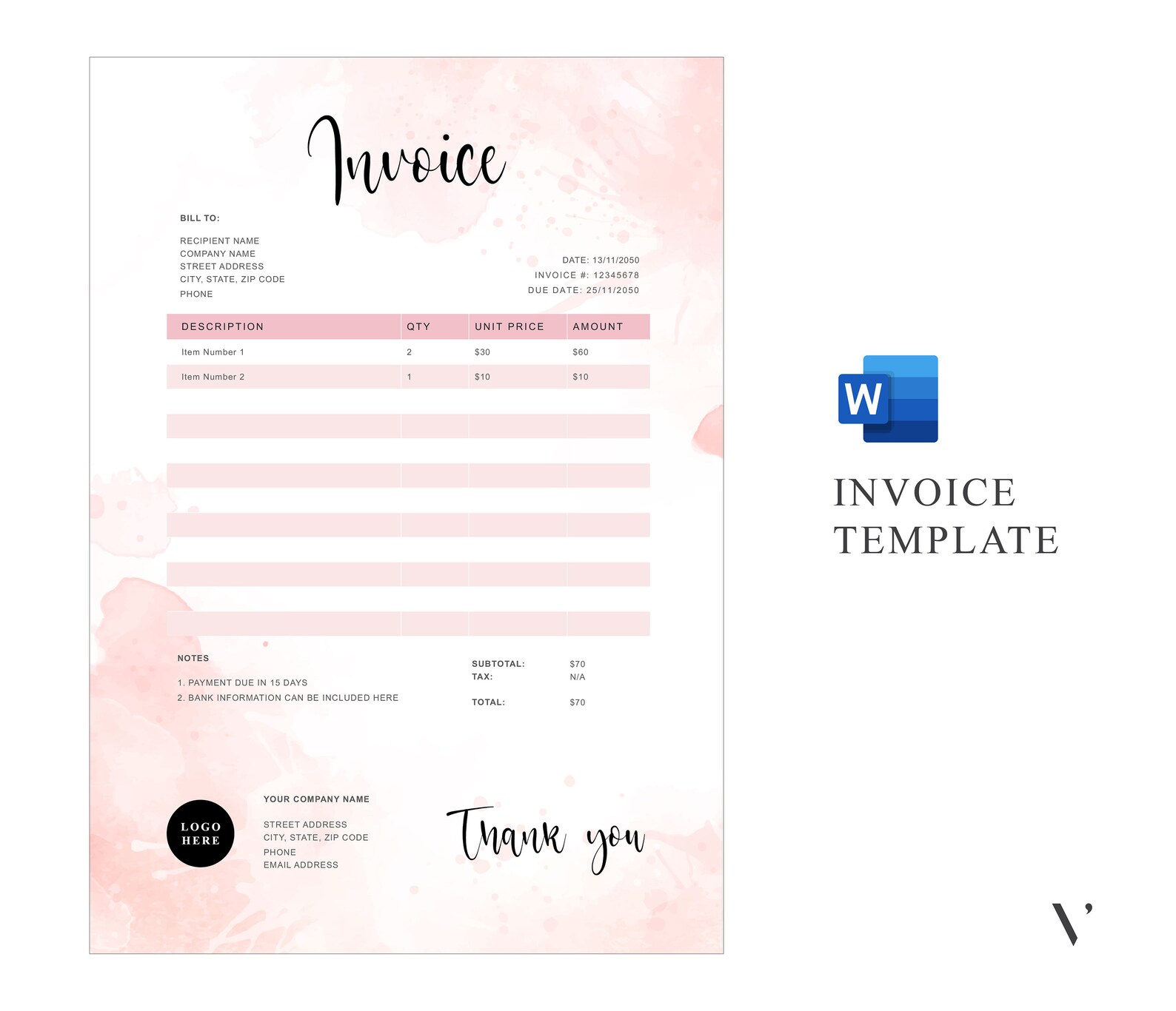 Invoice Template Word | Printable Invoice | Custom Order Forms ...