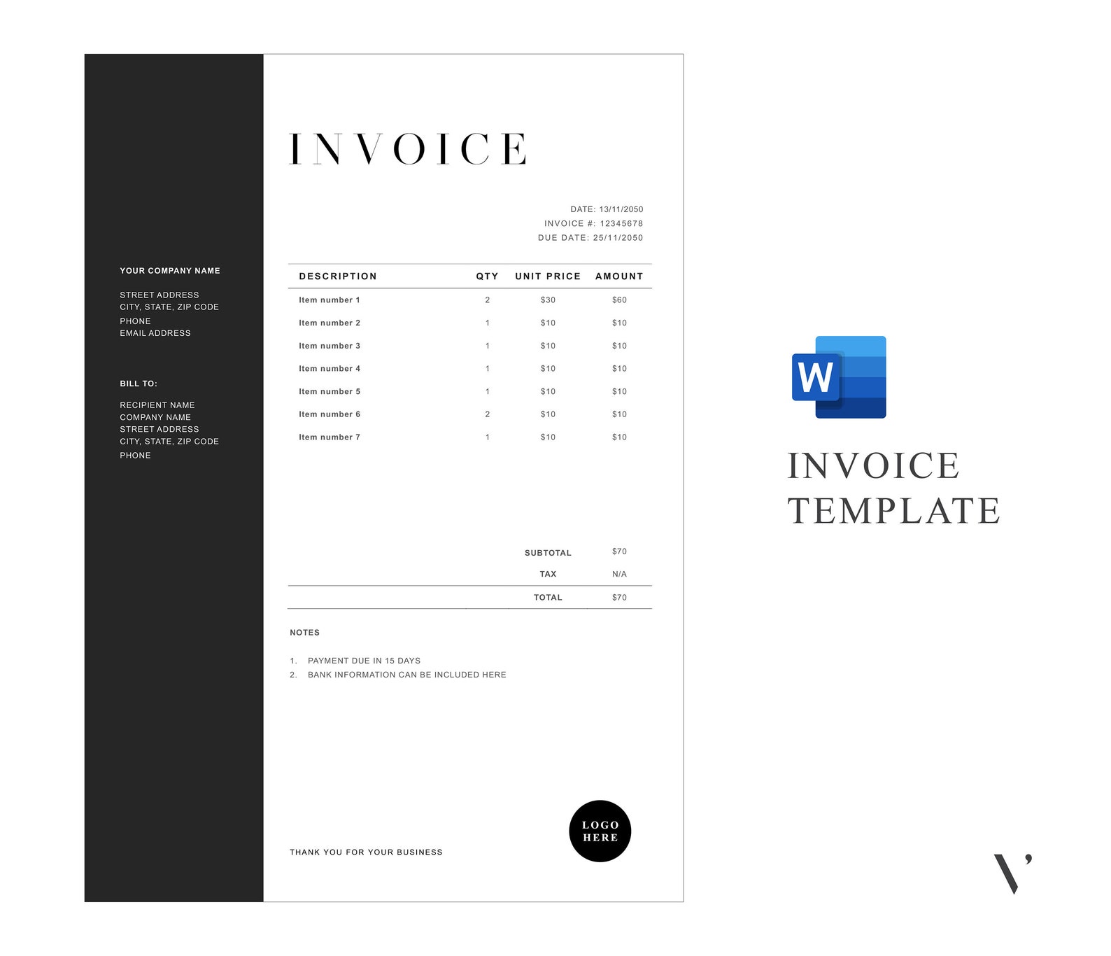 Invoice Template Word | Printable Invoice | Custom Order Forms ...