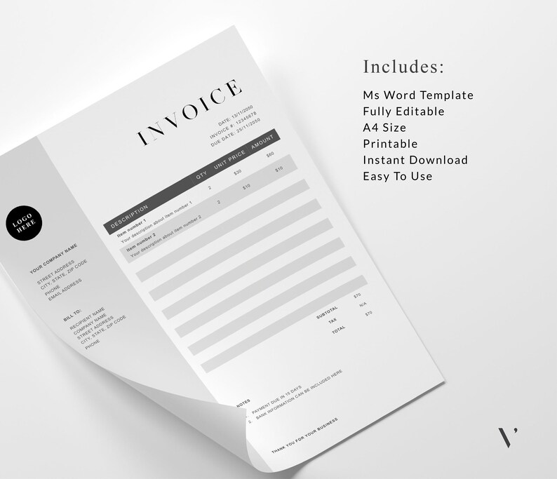 Editable Invoice Template | Printable Business Form (MS Word) - Etsy