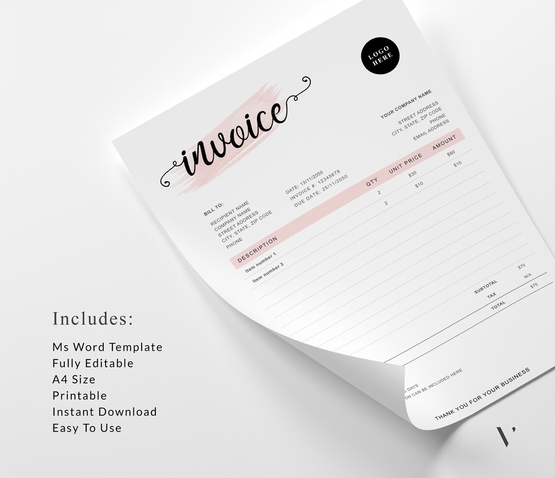 Invoice Template Word Printable Invoice Custom Order Forms | Etsy