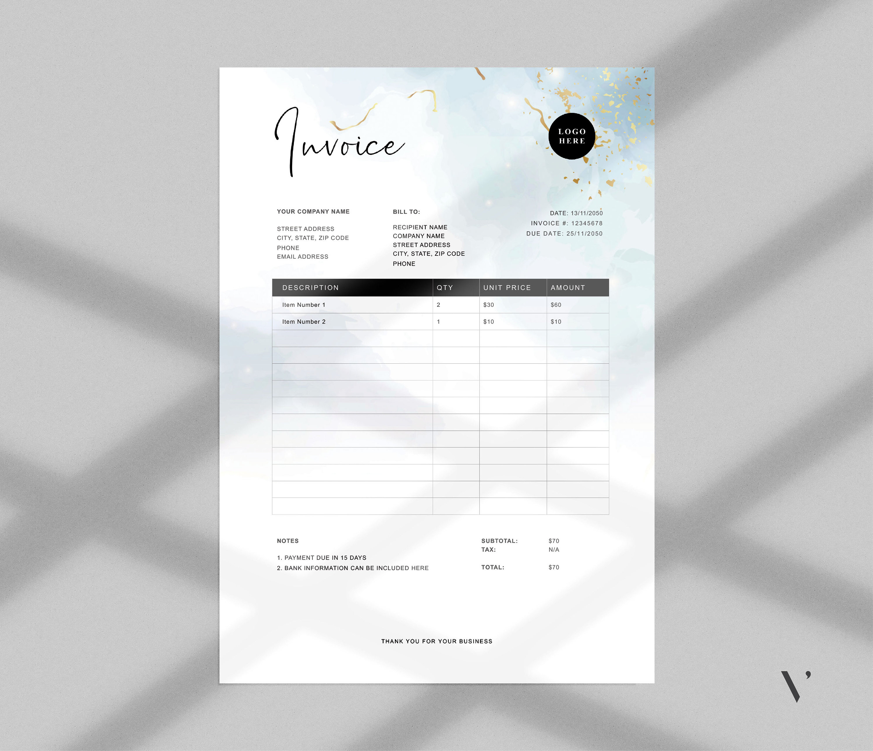 Invoice Template Word Printable Invoice Custom Order Forms Business ...
