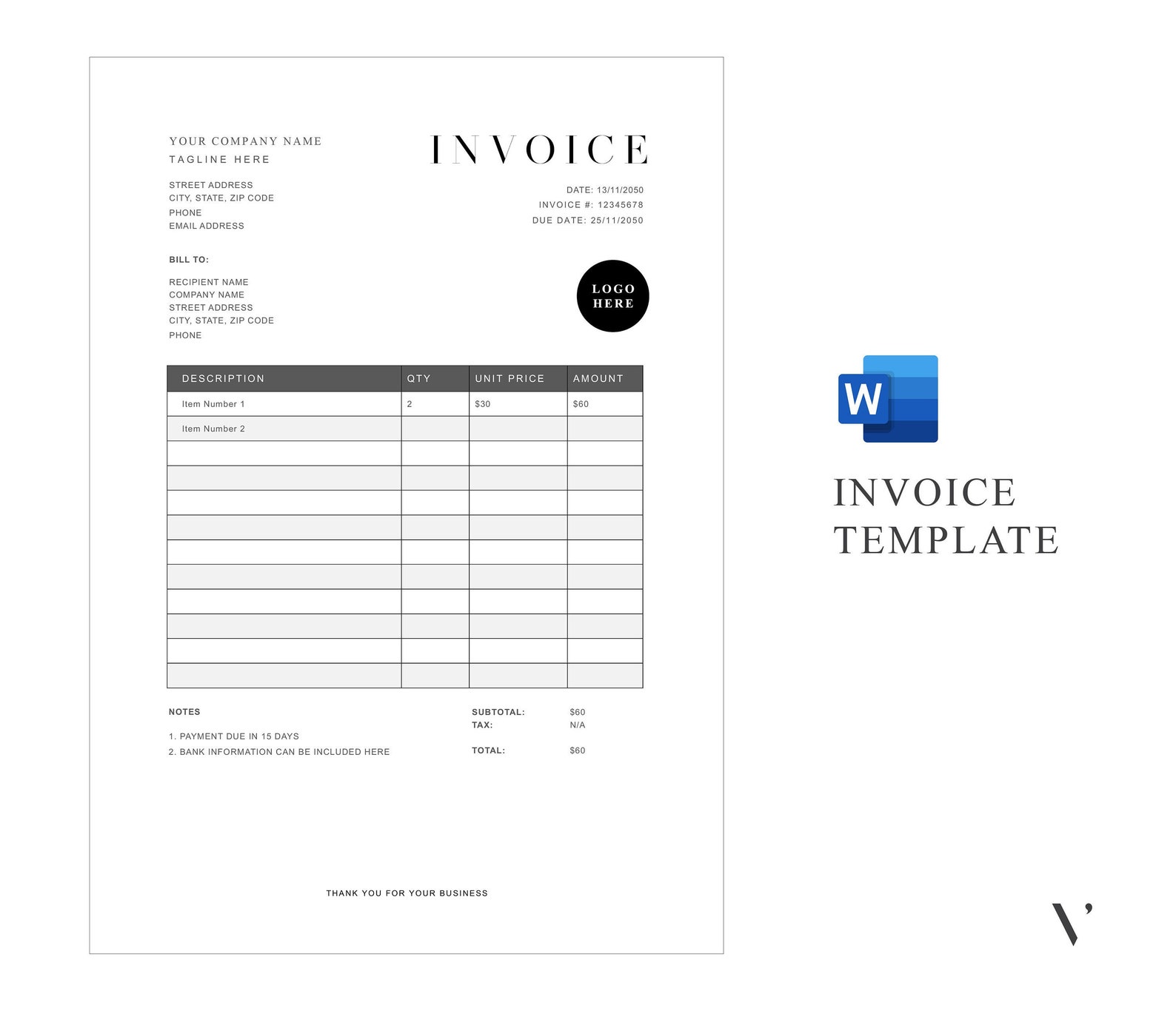 Editable Invoice Template | Modern Minimalist Billing Form (MS Word) - Etsy
