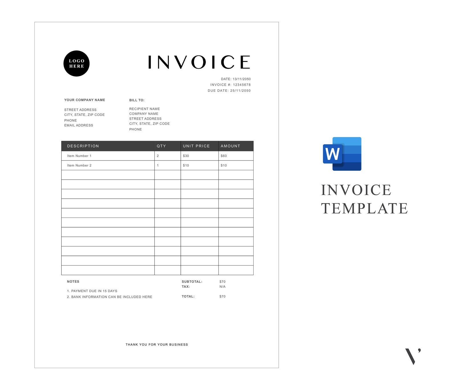 Invoice Template Word | Printable Invoice | Custom Order Forms ...